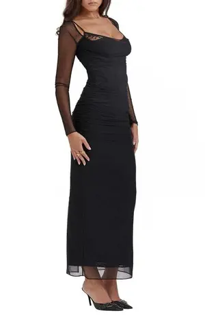 House Of Cb Katrina Lace Mesh Long Sleeve Gown - Black