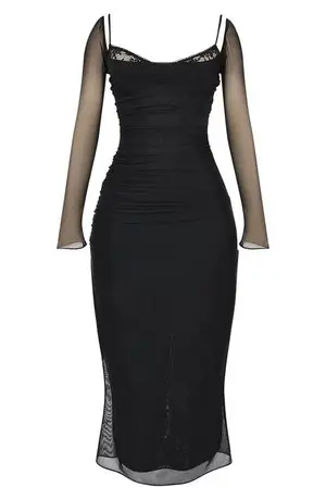 House Of Cb Katrina Lace Mesh Long Sleeve Gown - Black