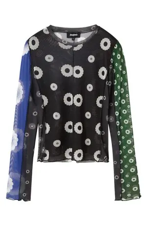Desigual Mixed Print Colorblock Mesh Top