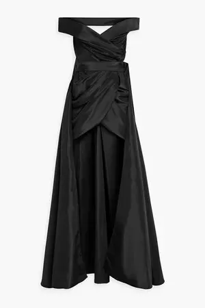 RHEA COSTA Convertible Off-the-shoulder Draped Gown