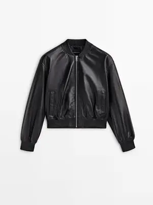 Massimo Dutti Nappa Leather Bomber Jacket - Studio - Black