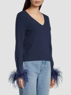 MILLY V-neck Feather-cuff Sweater