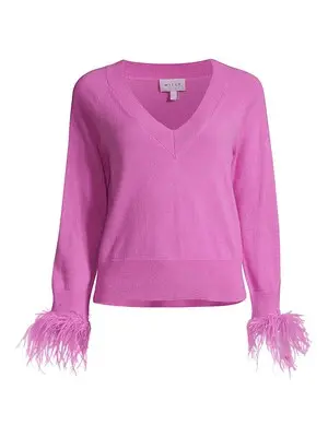 MILLY V-neck Feather-cuff Sweater Purple