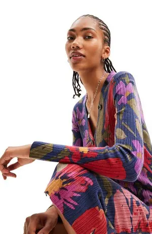 Desigual Floral Print Long Sleeve Knit Dress