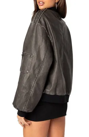 EDIKTED Vava Washed Faux Leather Bomber Jacket