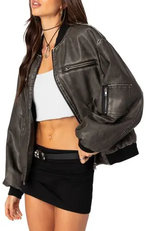 EDIKTED Vava Washed Faux Leather Bomber Jacket