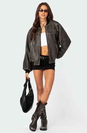 EDIKTED Vava Washed Faux Leather Bomber Jacket