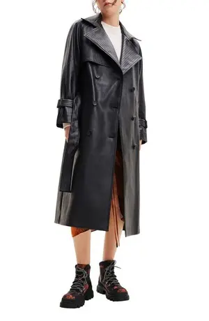 Desigual Belted Faux Leather Trench Coat - Black