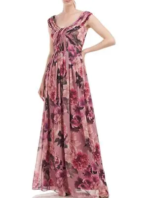 KAY UNGER Kay Unger New York Floral Pleated Evening Dress - Pink