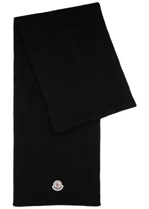 Moncler Logo Ribbed Wool Scarf - Black