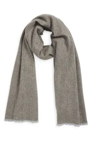 Vince Herringbone Cashmere Fringe Scarf Heather Olive