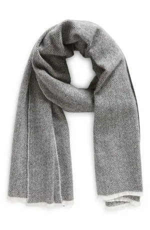 Vince Herringbone Cashmere Fringe Scarf Heather White Black
