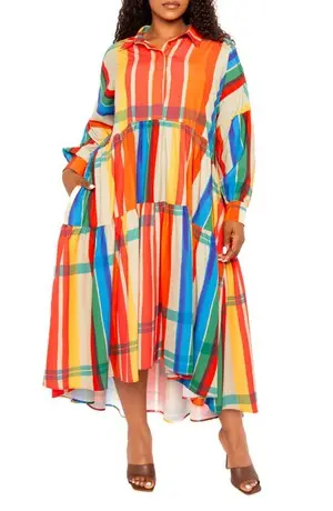 BUXOM COUTURE Plaid Tiered Shirtdress