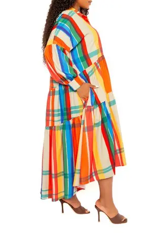 BUXOM COUTURE Plaid Tiered Shirtdress