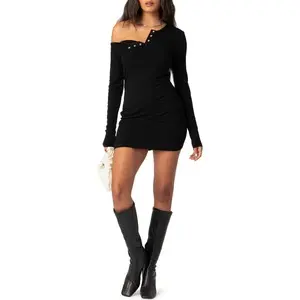 EDIKTED Soleste Long Sleeve Rib Henley Minidress
