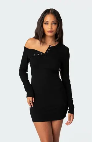 EDIKTED Soleste Long Sleeve Rib Henley Minidress