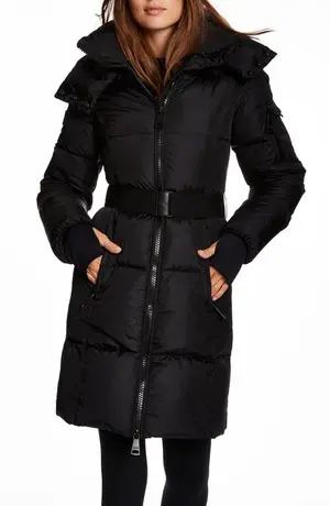 Sam. Belted Down Puffer Coat With Removable Hood - Matte Black