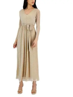 Anne Klein Womens Belted Metallic Evening Dress - Gold