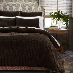 JOHN ROBSHAW Velvet Quilted Coverlet, Queen - Coffee