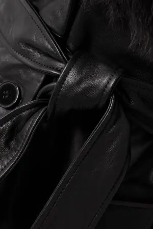 Nour Hammour Dakota Belted Leather Coat With Shearling Trim - Black
