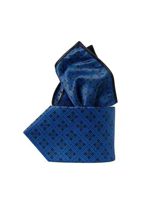 Stefano Ricci Luxury Hand Printed Silk Tie Set Dark Blue