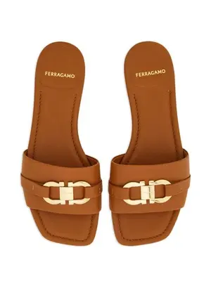 FERRAGAMO Leather Flat Slide With Gancini Ornament - Brown