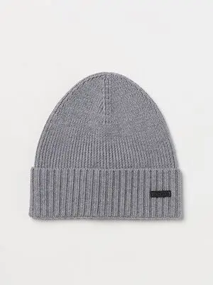 BOSS Ribbed Beanie With Logo Detail Silver