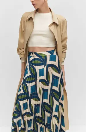 Mango Pleated Printed Midi Skirt