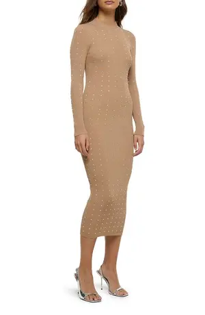 RIVER ISLAND Heatseal Long Sleeve Knit Midi Dress
