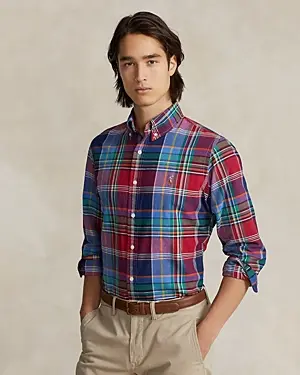 Polo Ralph Lauren Classic Fit Plaid Oxford Button Down Shirt Dark Pink/blue Multi