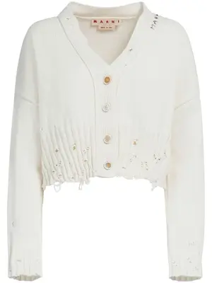 Marni Logo-embroidered Distressed Cardigan - White