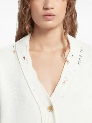 Marni Logo-embroidered Distressed Cardigan - White