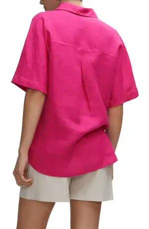 Mango Pocket Linen Short Sleeve Button-up Shirt