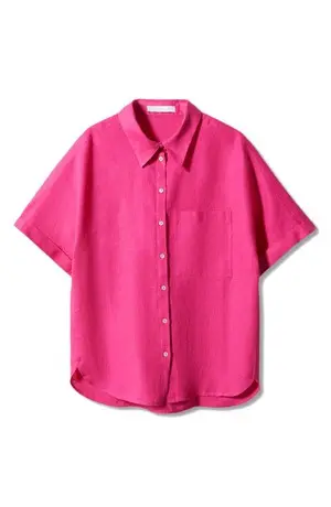 Mango Pocket Linen Short Sleeve Button-up Shirt