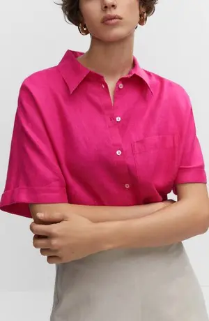 Mango Pocket Linen Short Sleeve Button-up Shirt