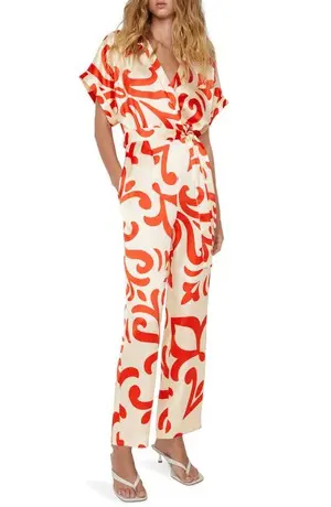 Mango Printed Tie Belt Satin Jumpsuit - Off White