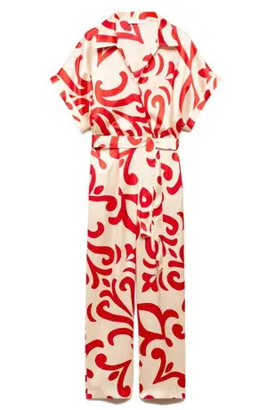 Mango Printed Tie Belt Satin Jumpsuit