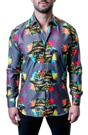 MACEOO Fibonacci Mob Skull Multi Contemporary Fit Button-up Shirt Grey Multi