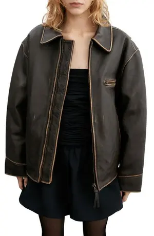 Mango Oversized Distressed Leather Jacket