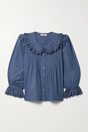 DÔEN Net Sustain Hickory Ruffled Pintucked Embroidered Organic Cotton-poplin Blouse