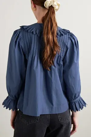 DÔEN Net Sustain Hickory Ruffled Pintucked Embroidered Organic Cotton-poplin Blouse