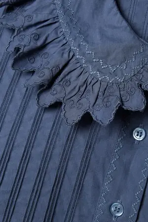 DÔEN Net Sustain Hickory Ruffled Pintucked Embroidered Organic Cotton-poplin Blouse