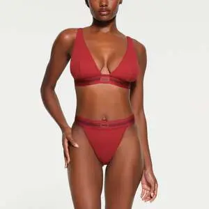 SKIMS Plunge Bralette | White | 2xs | Cotton Rib Brick Multi