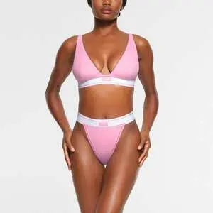 SKIMS Plunge Bralette | White | 2xs | Cotton Rib Bubble Gum Multi