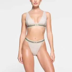 SKIMS Plunge Bralette | White | 2xs | Cotton Rib Heather Oatmeal Multi