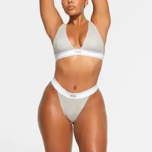 SKIMS Plunge Bralette | White | 2xs | Cotton Rib Light Heather Grey Multi