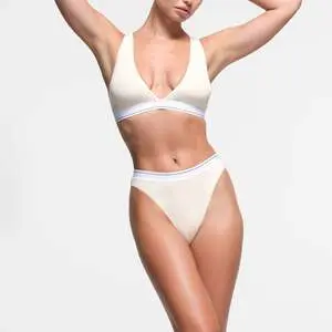 SKIMS Plunge Bralette | White | 2xs | Cotton Rib Marble Stripe