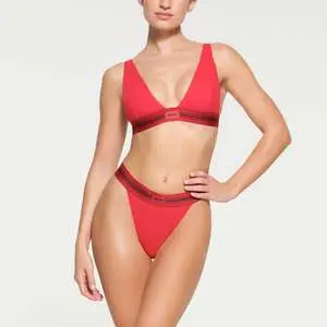 SKIMS Plunge Bralette | White | 2xs | Cotton Rib Red Multi