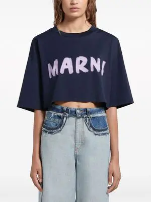 Marni Logo-print Cropped Cotton T-shirt - Blue