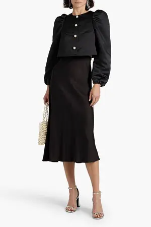 Sleeper Cropped Puffed Sleeve Satin Jacket With Pearl Buttons